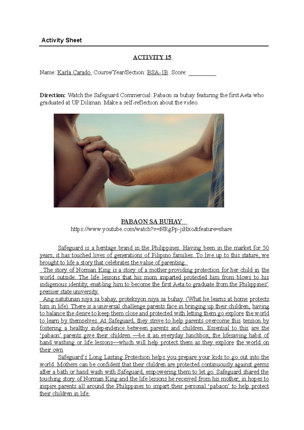 15 - CWTS - Activity Sheet ACTIVITY 15 Name: Karla Carado Course/Year ...