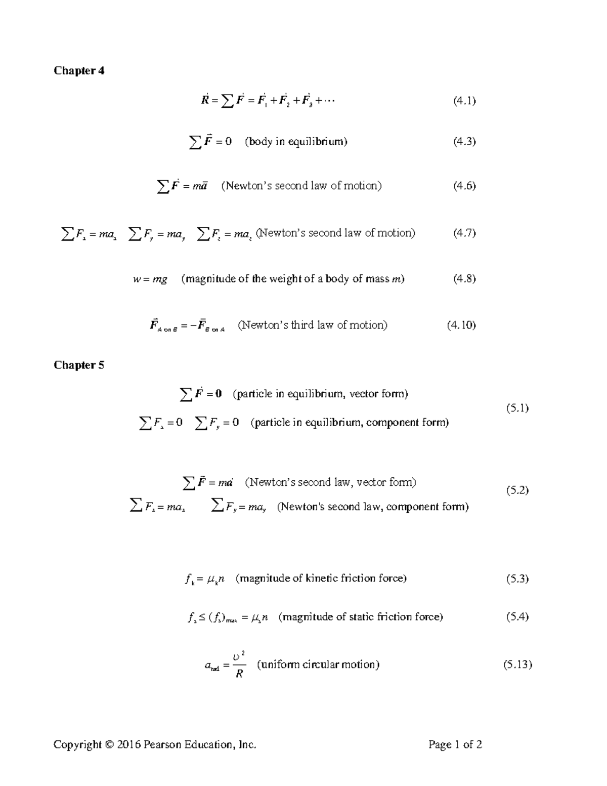 Key Equations ch4and5 - Copyright © 2016 Pearson Education, Inc. Page 1 ...
