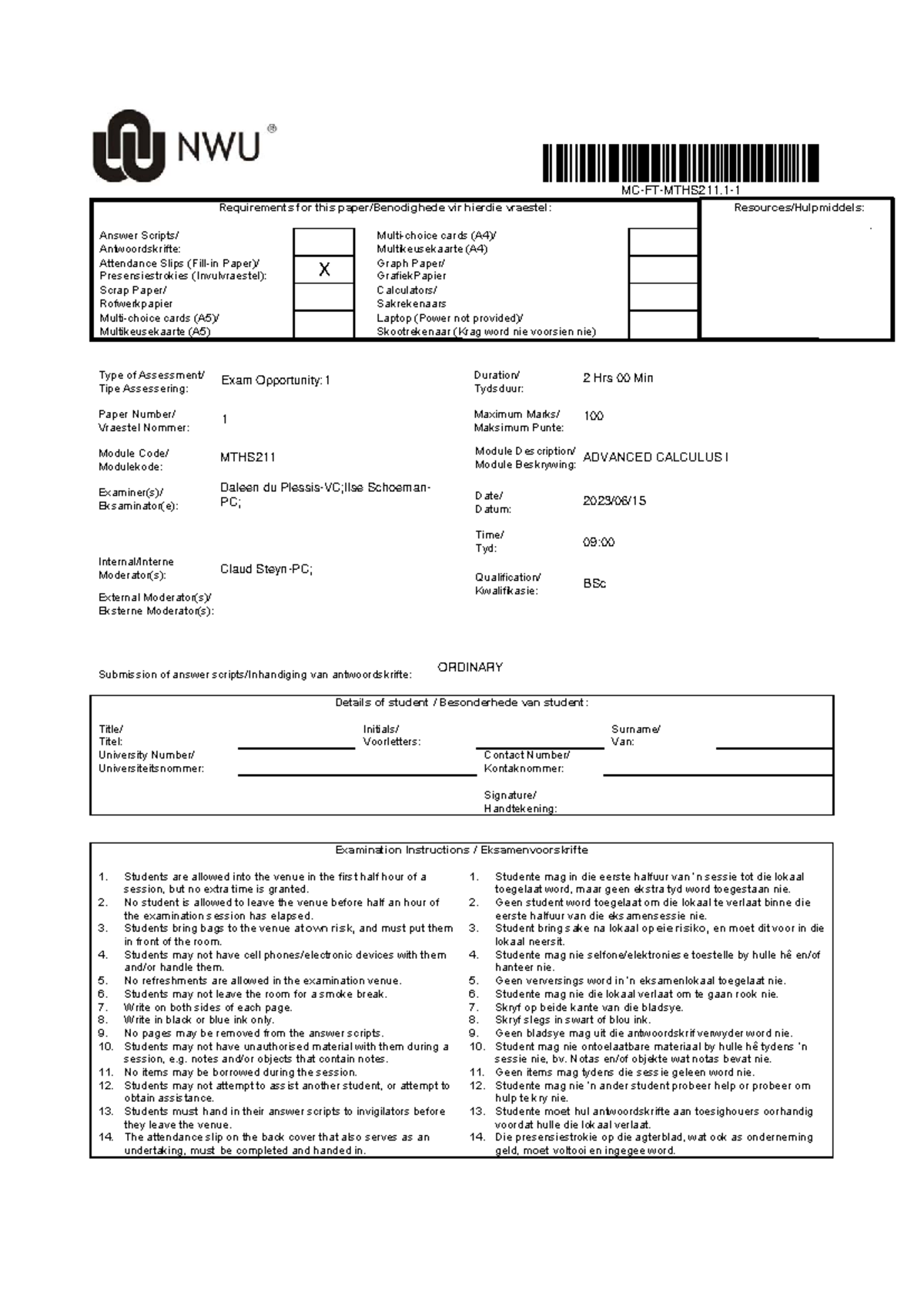 MTHS211 mc Paper 1Jun2023 - Requirements for this paper/Benodighede vir ...