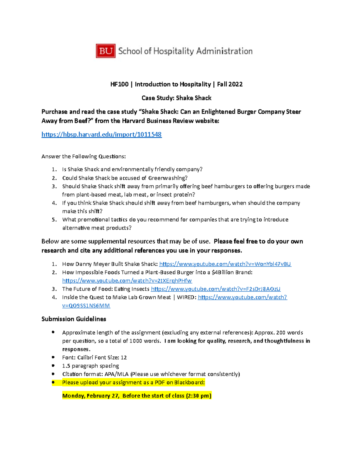 HF100 Shake Shack Case Study Spring 2023 - HF100 | Introduction to ...