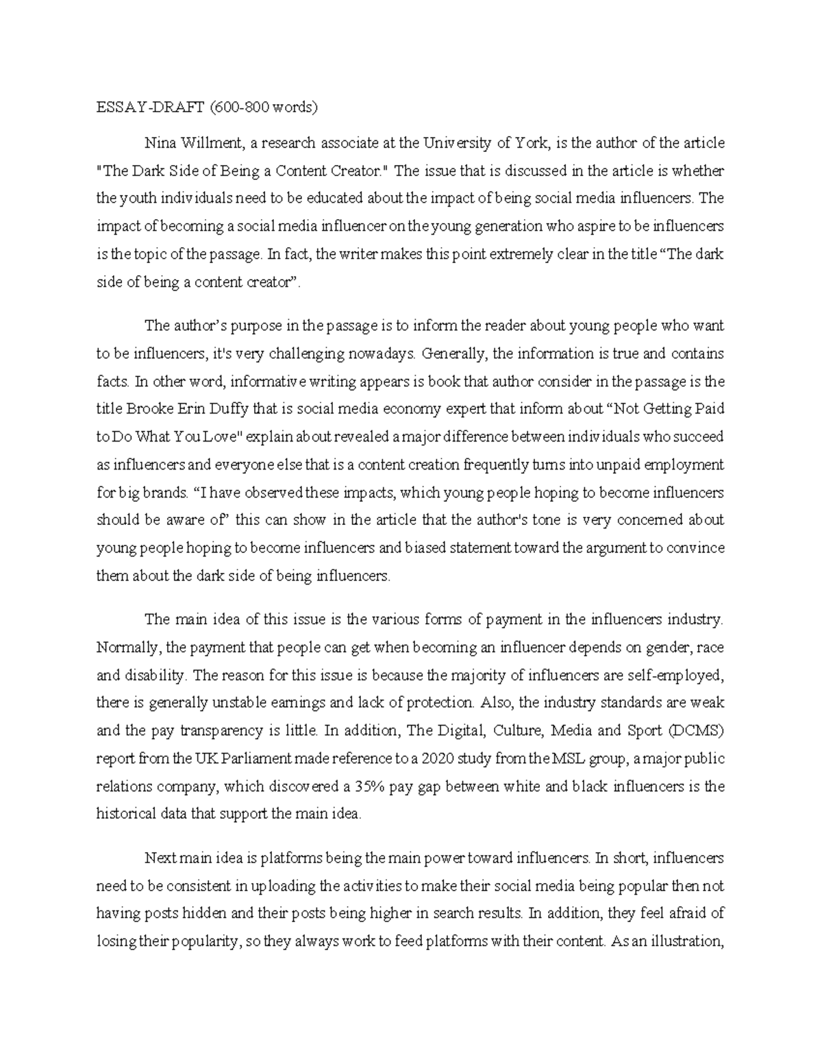 ELC501-Draft Essay Article - ESSAY-DRAFT (600-800 words) Nina Willment ...