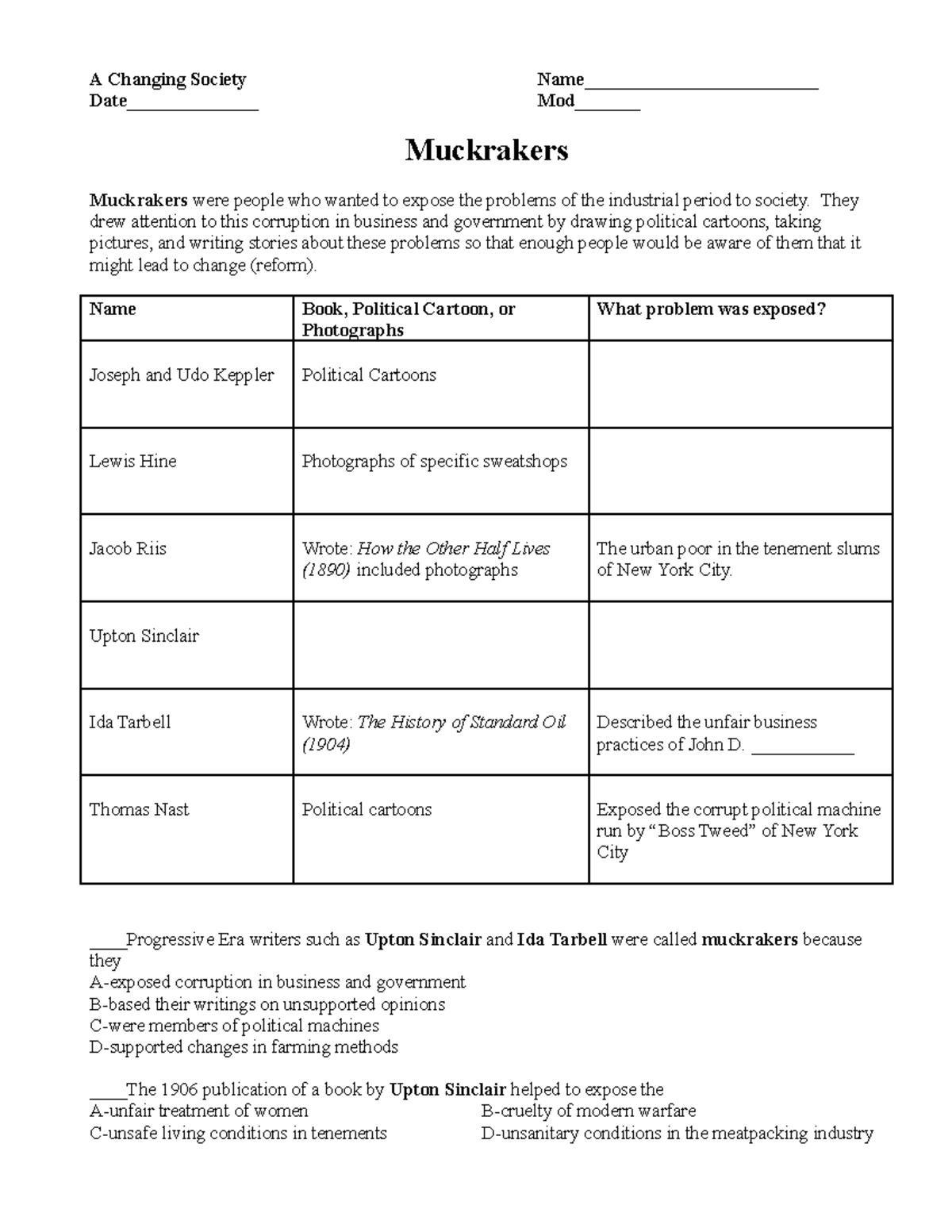 Muckrakers Review - Google Docs - A Changing Society Name ...