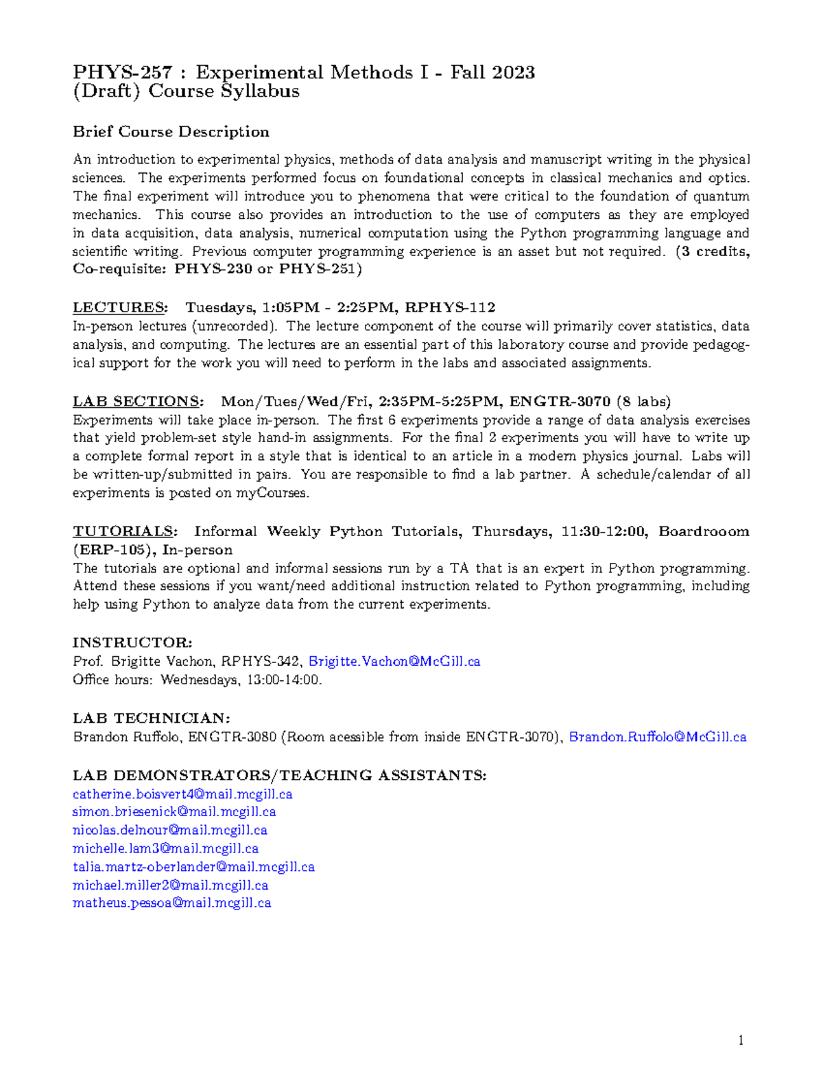 Syllabus phys 257 Fall 2023 - PHYS-257 : Experimental Methods I - Fall 2023 (Draft) Course ...