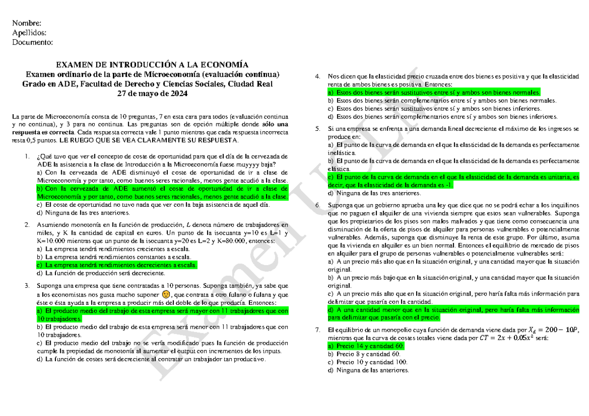 Examen Introducción 27 mayo 2024 con respuestas correctas - Nombre: Apellidos: Documento: EXAMEN ...