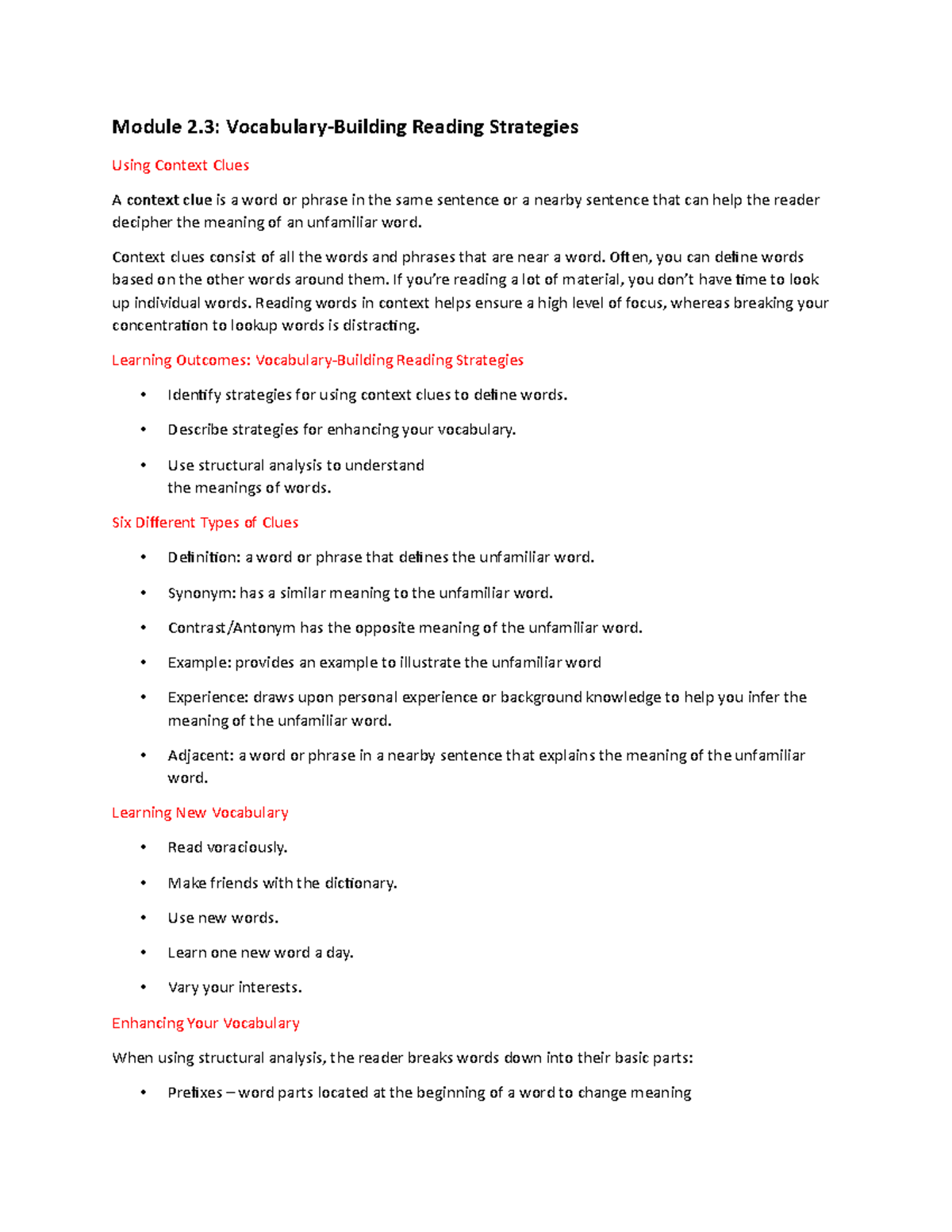 Module 2 - Notes on vocabulary-building reading strategies. - Module 2 ...