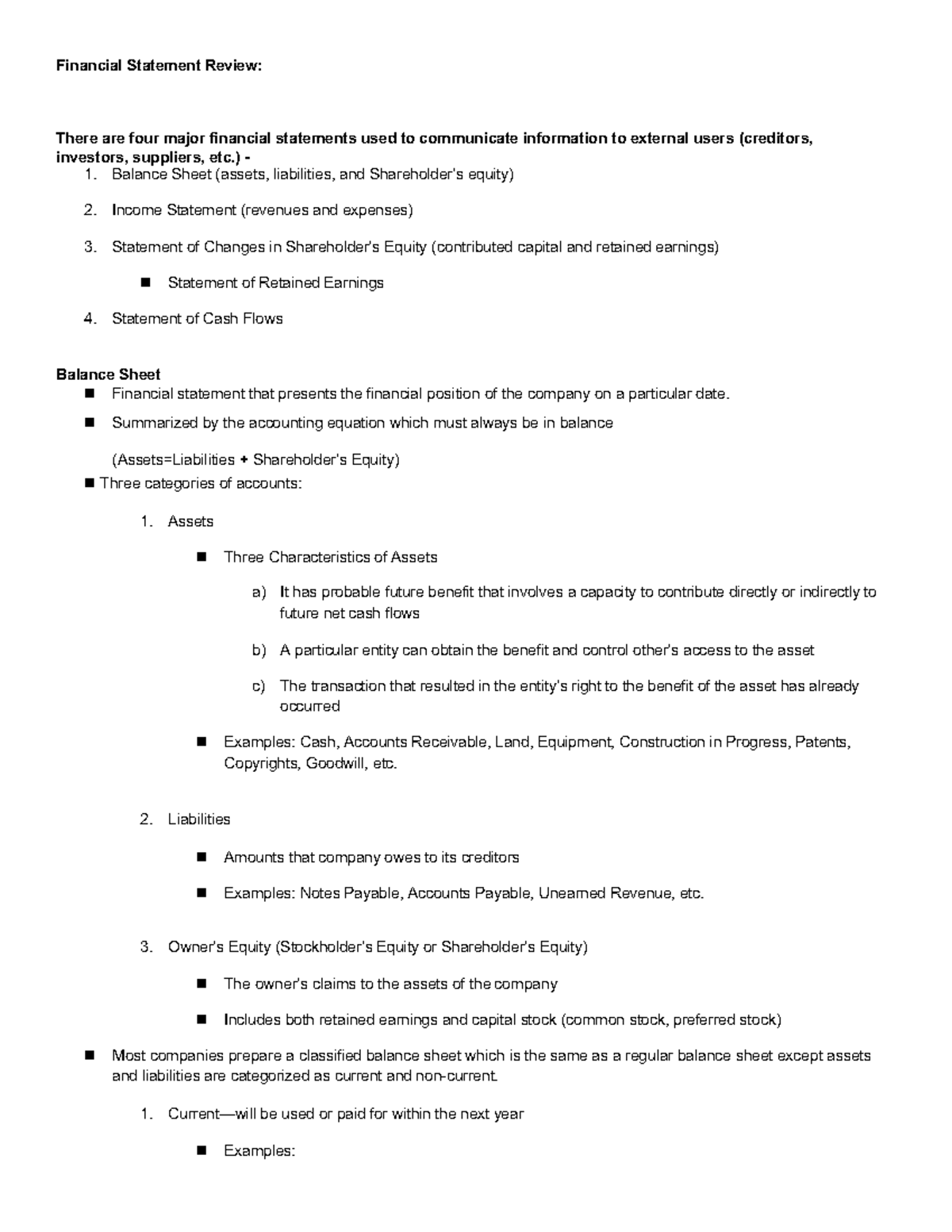 Accounting Review Notes Exam 1 - Financial Statement Review: There are ...