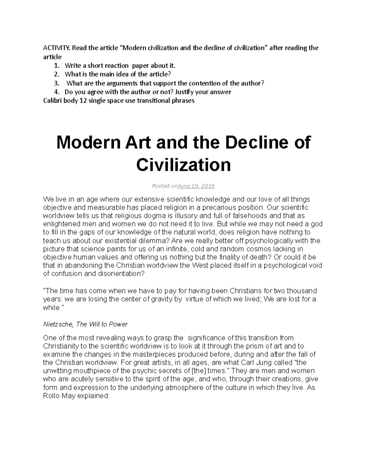 Modern Art and the Decline of Civilization - ACTIVITY. Read the article ...