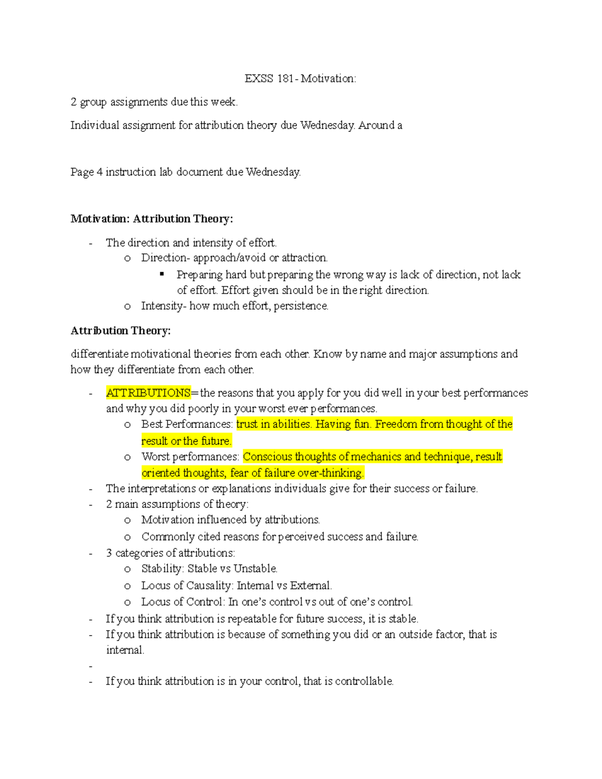 Motivation - EXSS 181- Motivation: 2 group assignments due this week ...