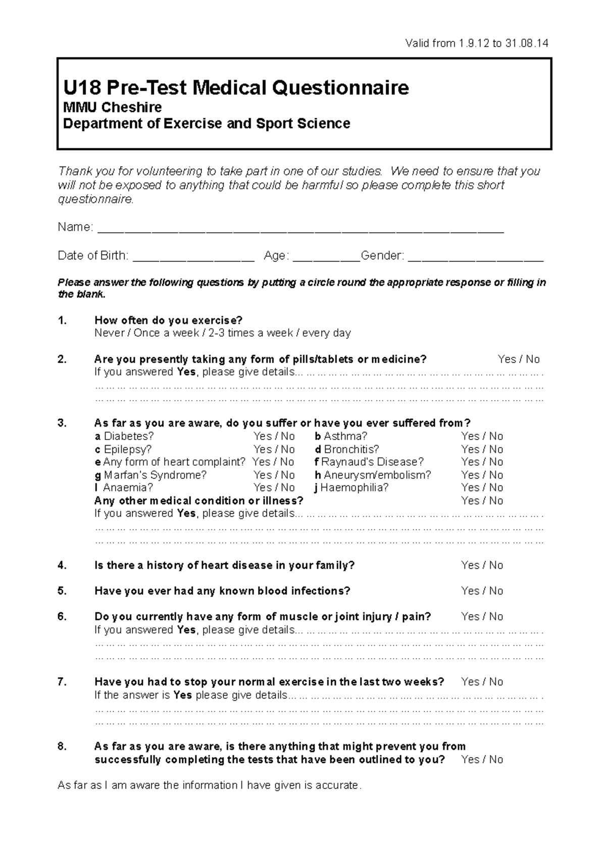 Pre test questionaire U18 - Valid from 1.9 to 31. U18 Pre-Test Medical ...
