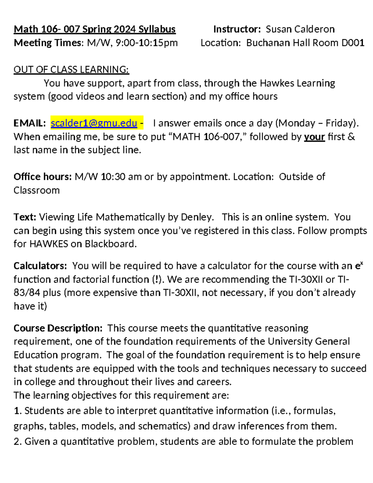 106-007 Spring Syllabus and Schedule - Math 106- 007 Spring 2024 ...