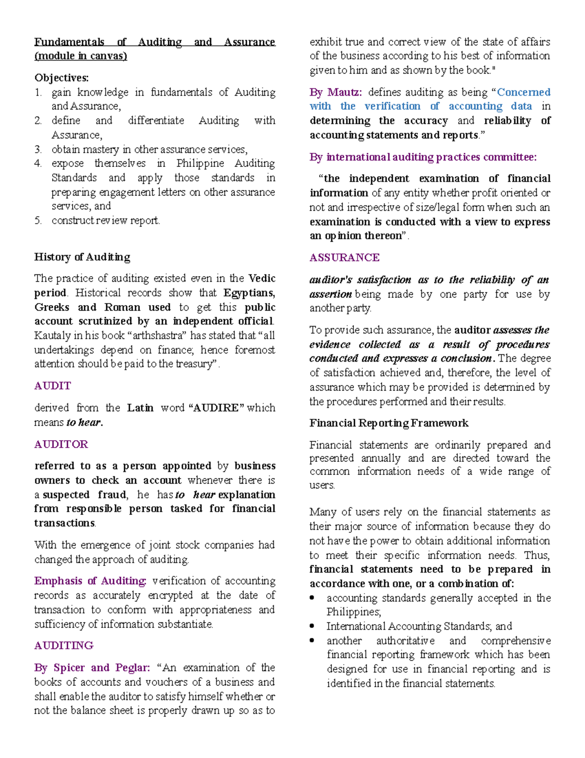 Week 1 Notes Assurance And Attestation Services Fundamentals Of Auditing And Assurance