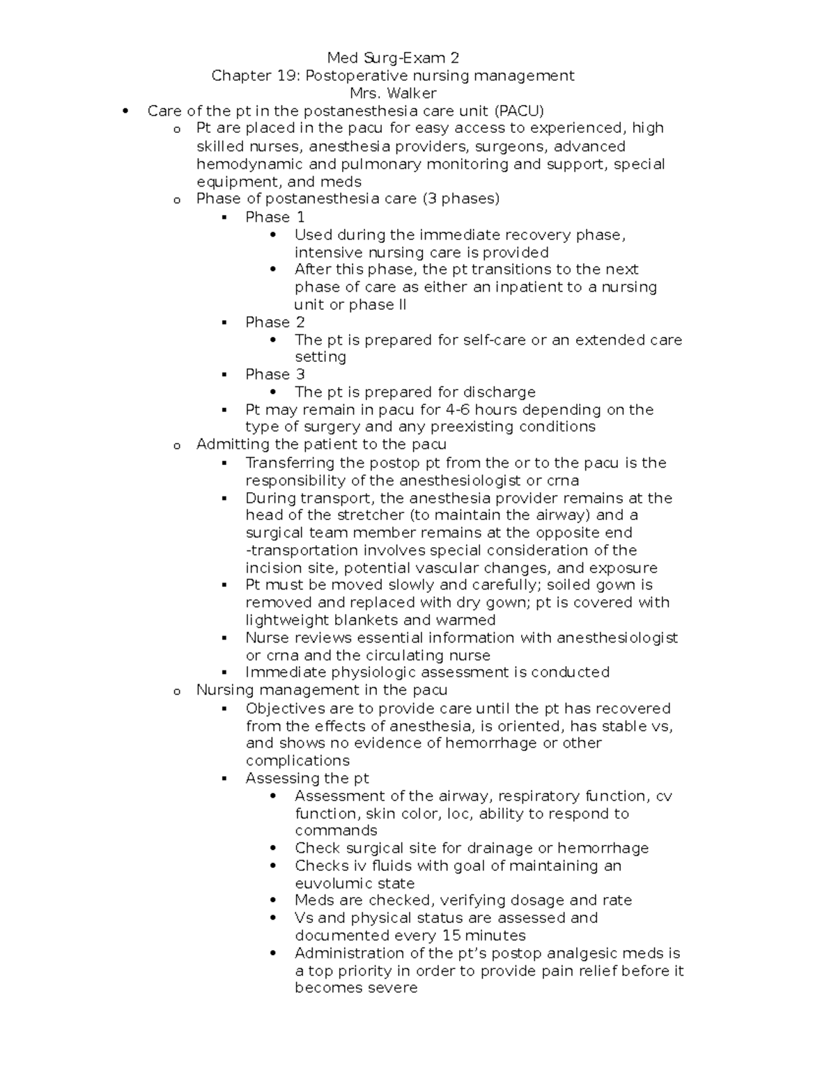 NUR II Exam 2 chapter 19 postop nursing management - Chapter 19 ...