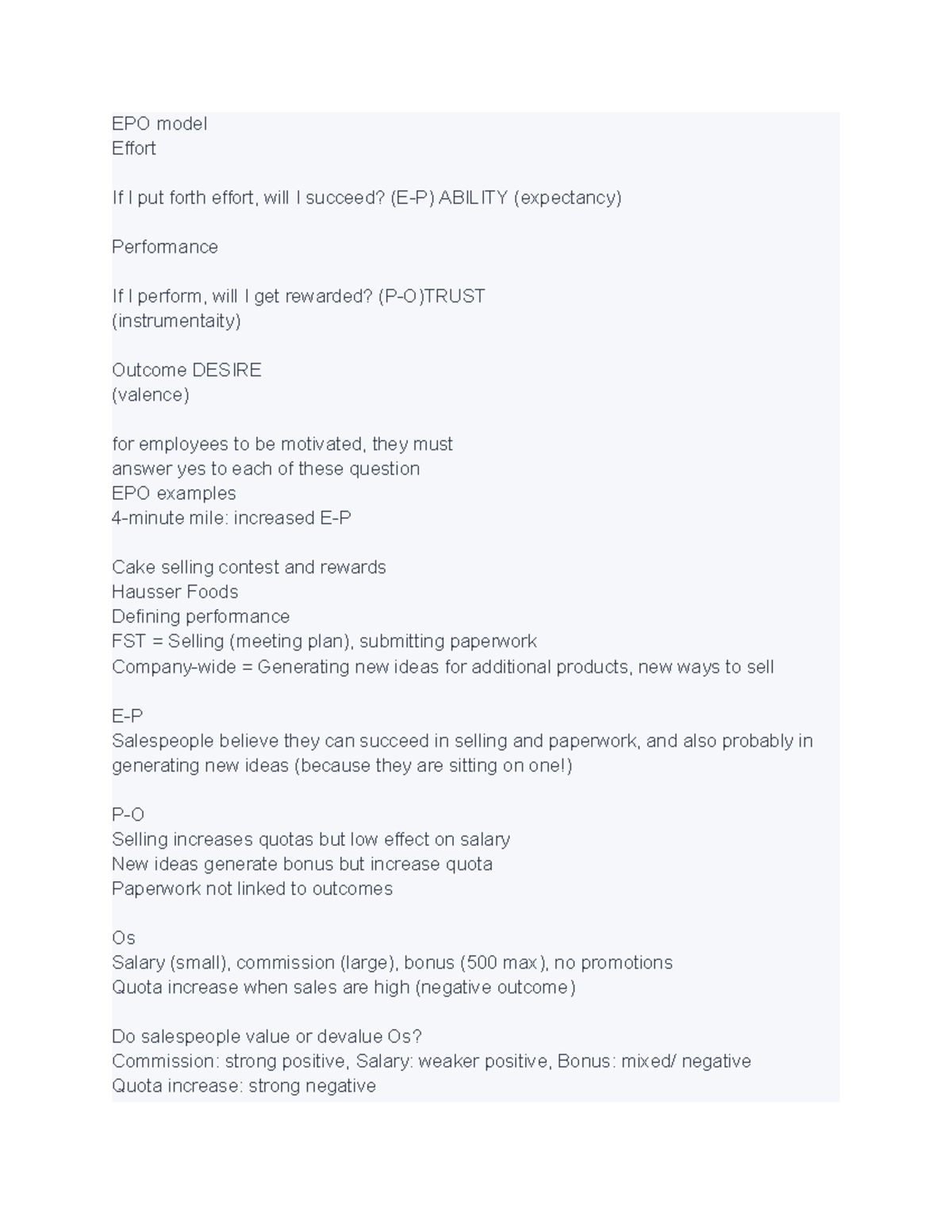 Busi 405 - lecture notes - EPO model Effort If I put forth effort, will ...