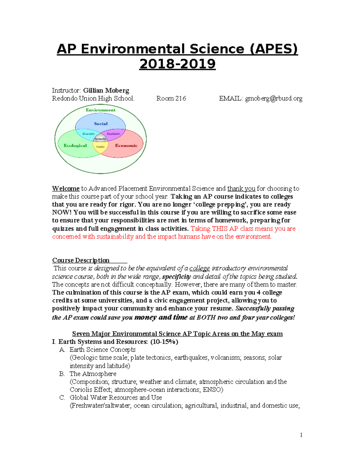 APES intro letter - Nite - AP Environmental Science (APES) 2018 ...