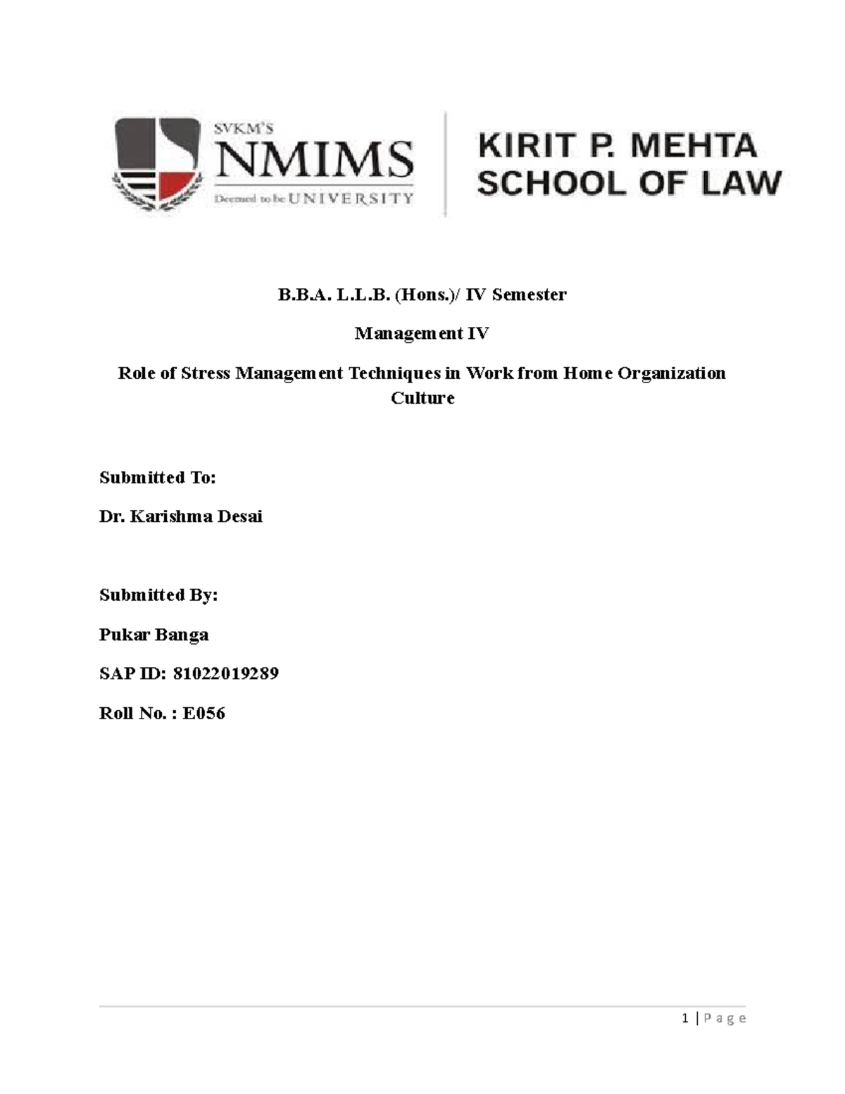 Management IV ICA - B.B. L.L. (Hons.)/ IV Semester Management IV Role of Stress Management - Studocu