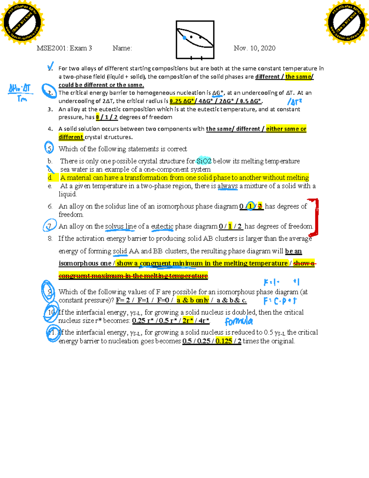 Exam 3 Soln & Partial Credits - MSE2001: Exam 3 Name: Nov. 10, 2020 1 ...