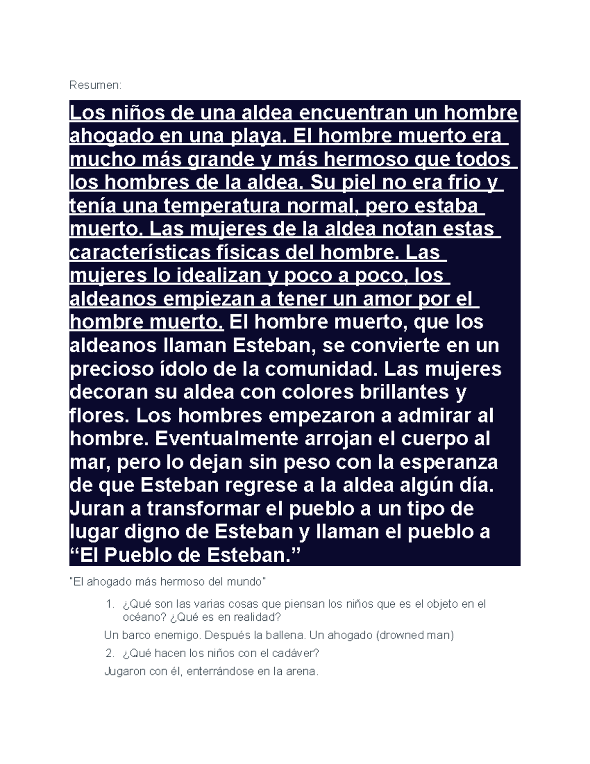 “El ahogado más hermoso del mundo” 350-354 Cuestionario - Resumen: Los ...