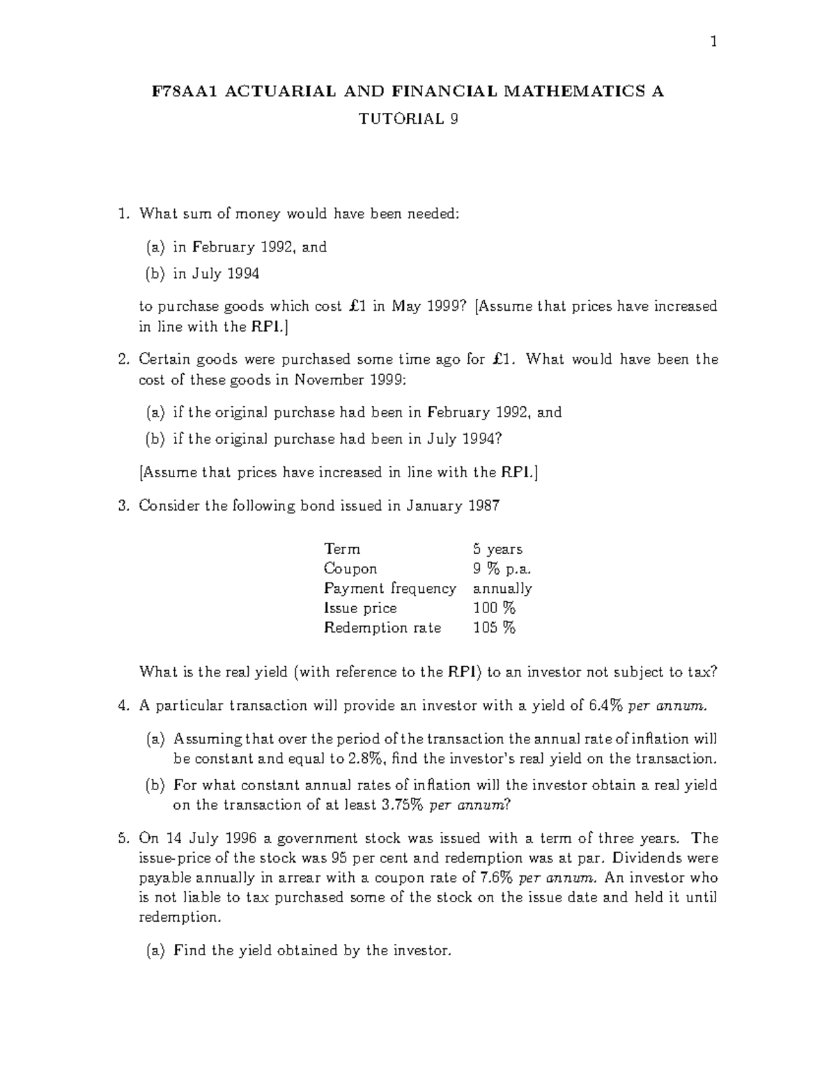 Actuarial and Financial Mathematics A Tutorial 9 - 1 F78AA1 ACTUARIAL ...