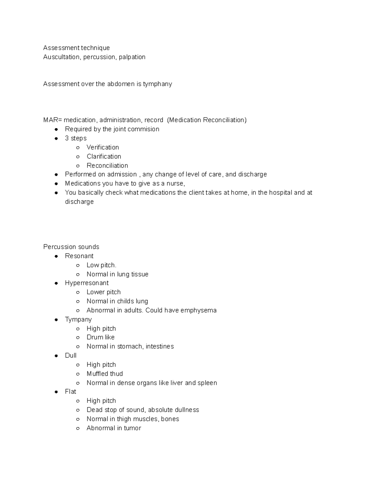 health assessment notes - Assessment technique Auscultation, percussion ...