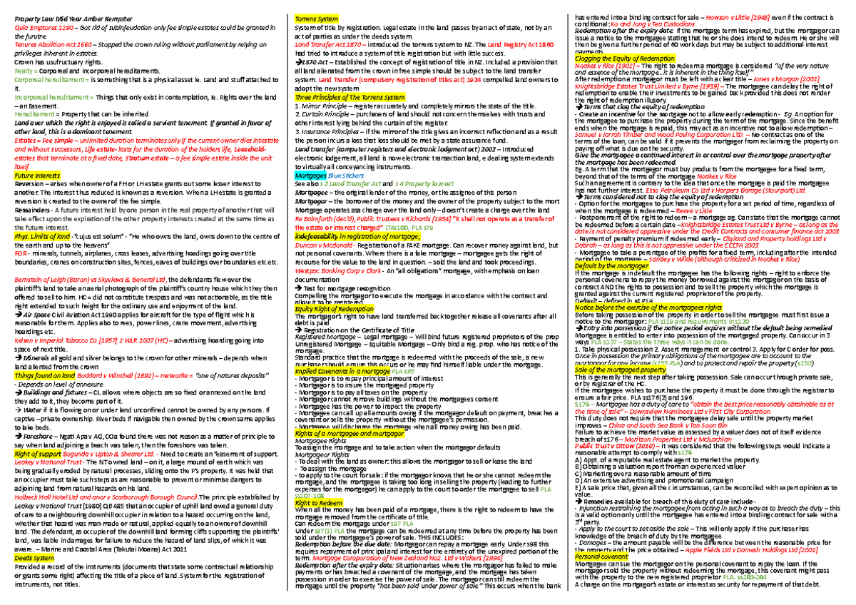 Property Exam Companion Sheet - Property Law Mid Year Amber Kempster ...
