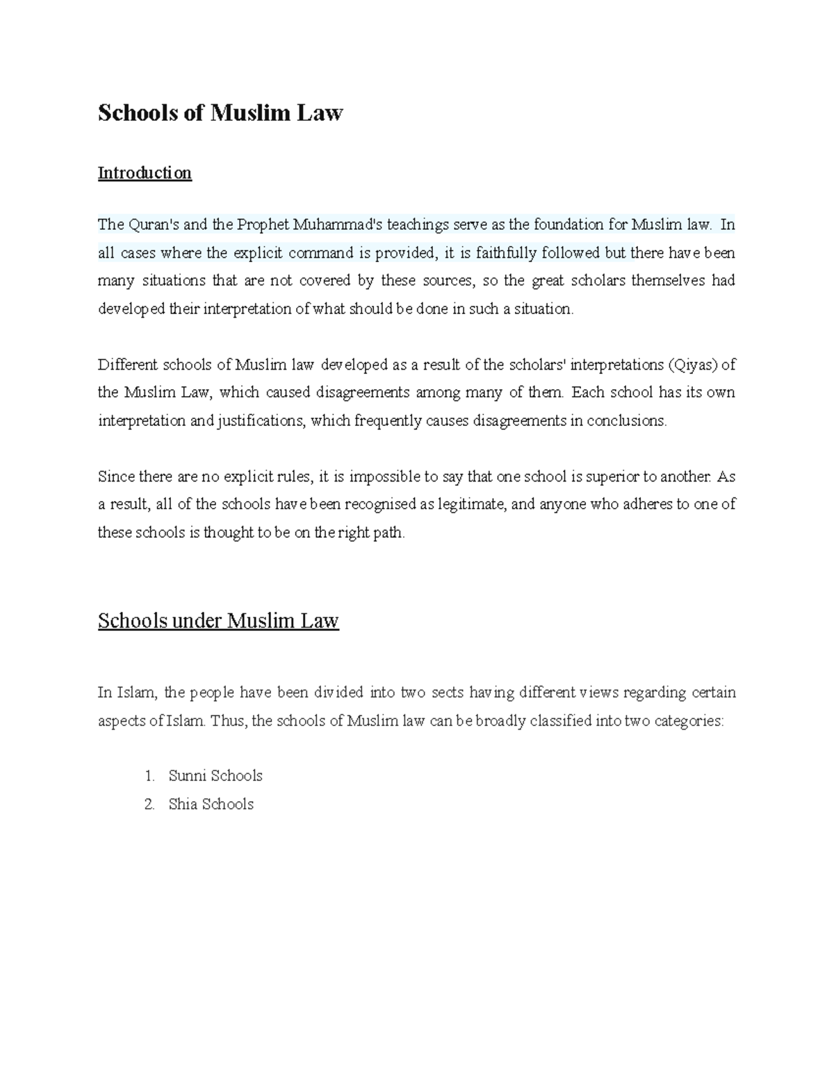 Schools of Muslim Law - Schools of Muslim Law Introduction The Quran's ...