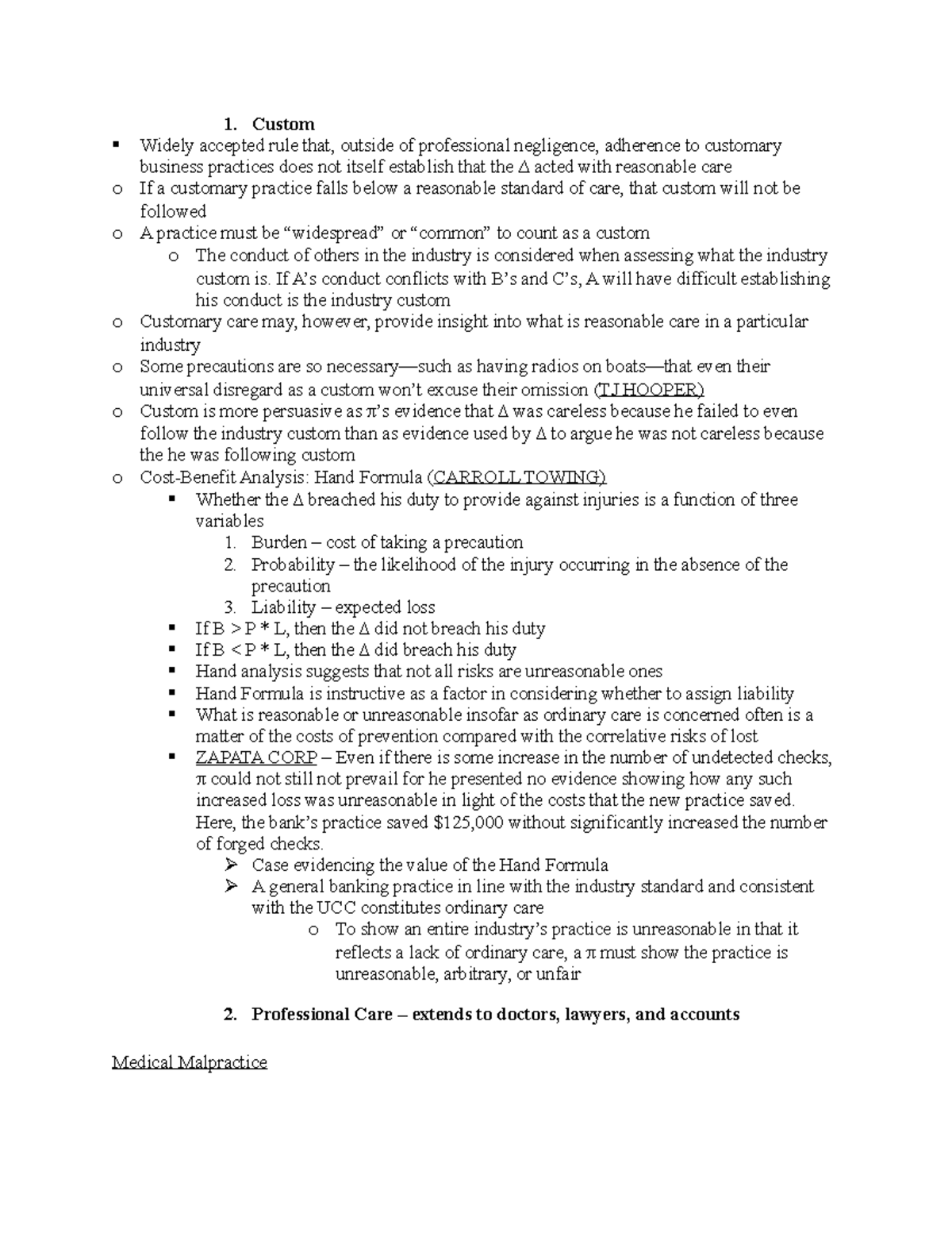 Torts Law Outline - Professor Pittman - Custom Widely accepted rule ...