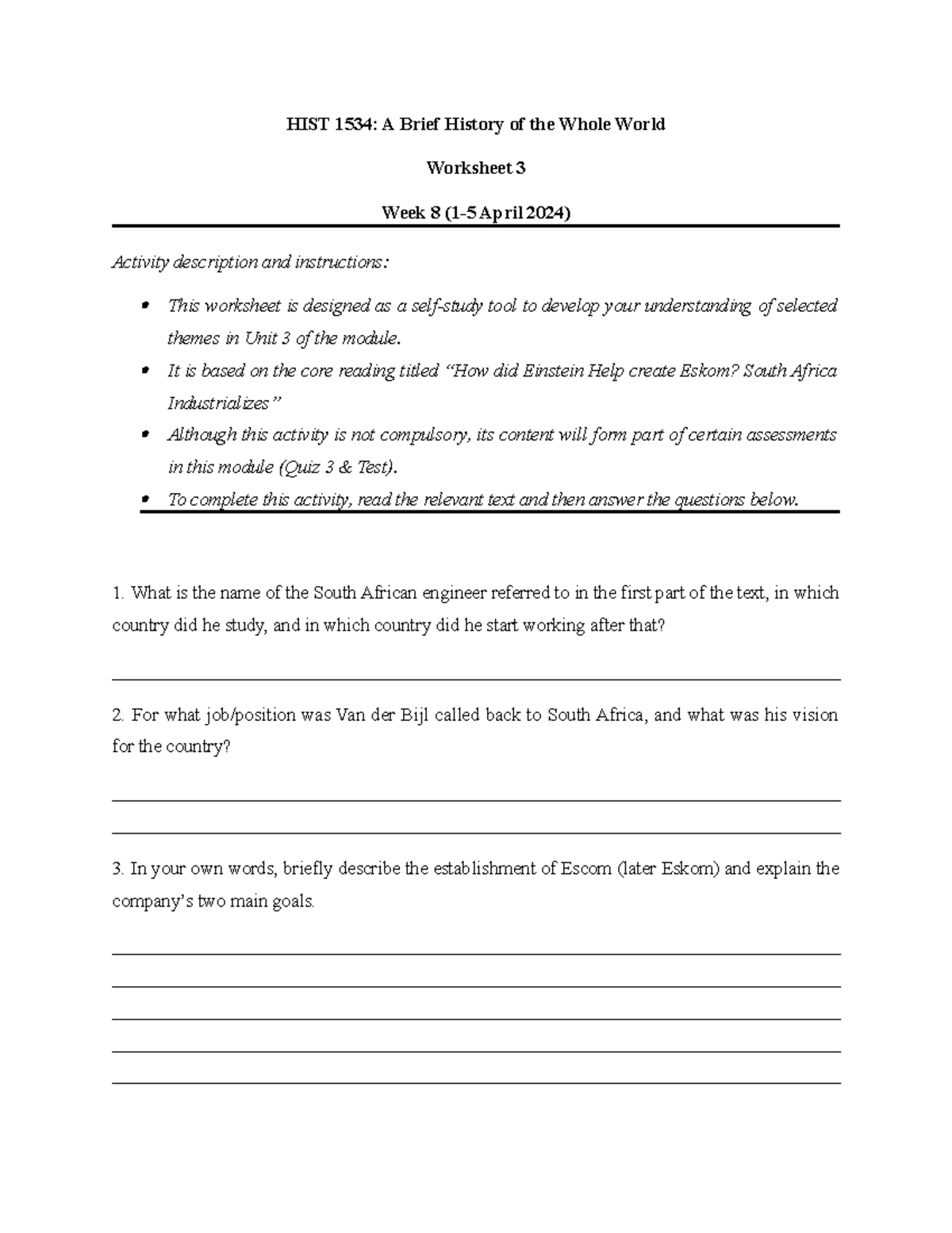 HIST 1534 - Worksheet 3 - HIST 1534: A Brief History of the Whole World ...
