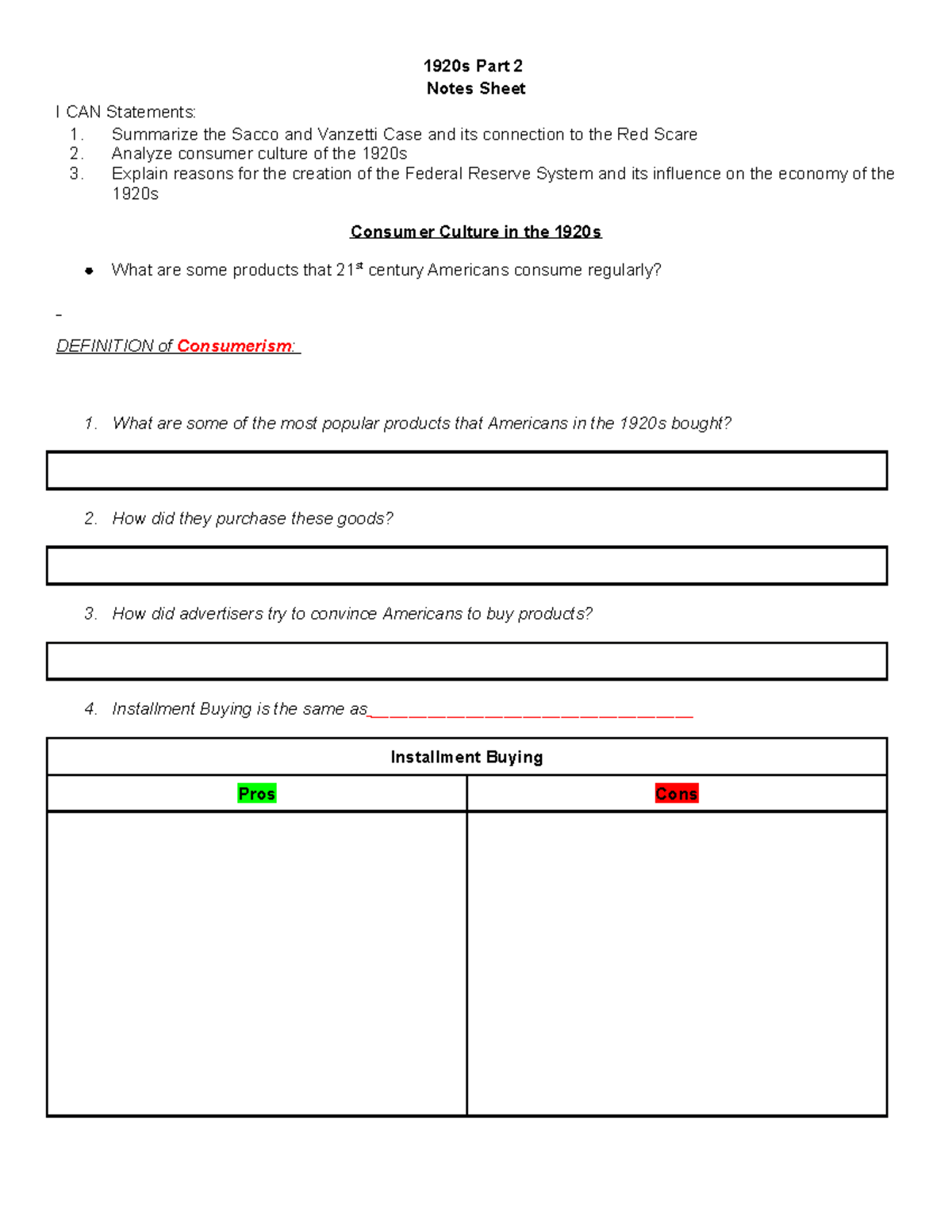 1920s Part 2 - 1920's - 1920s Part 2 Notes Sheet I CAN Statements ...