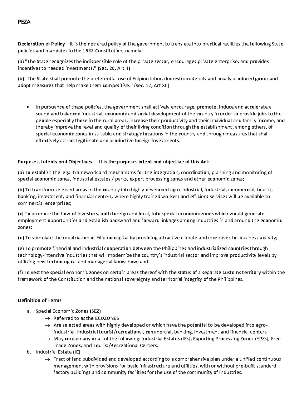 PEZA - None - PEZA Declaration of Policy – It is the declared policy of ...