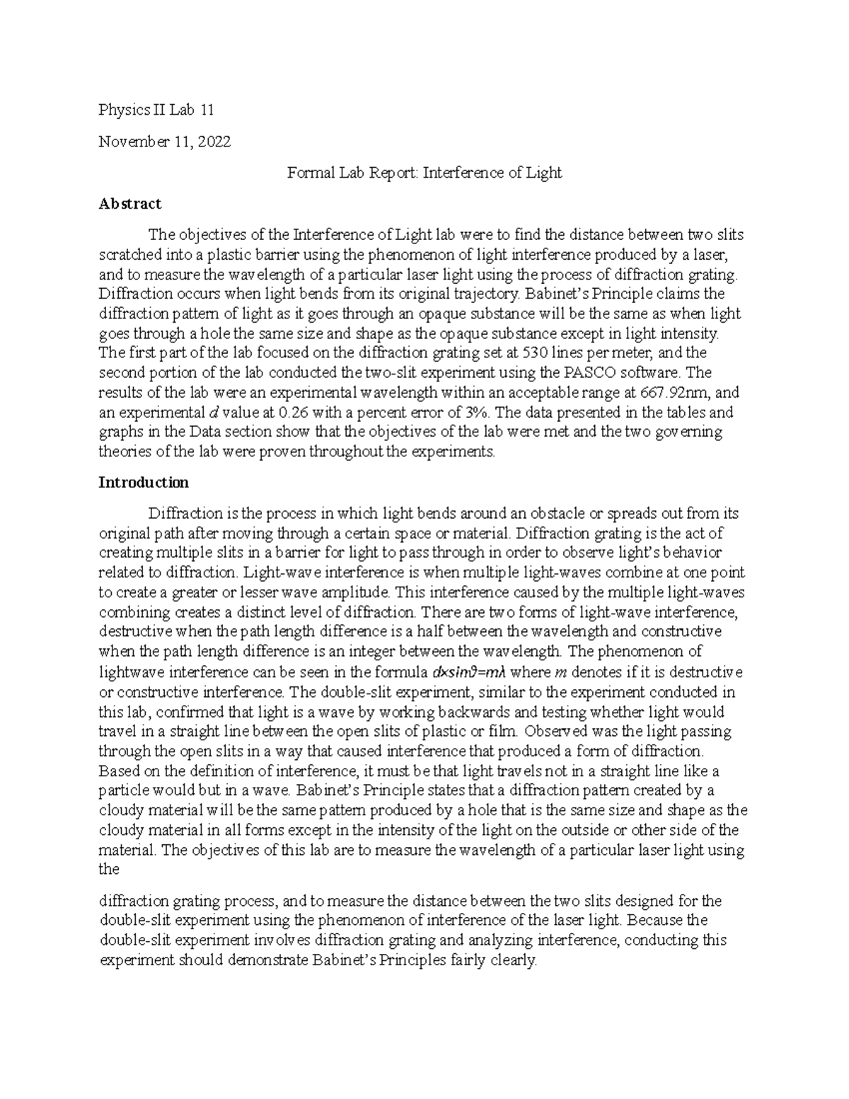 Physics Report 11 - Physics II Lab 11 November 11, 2022 Formal Lab ...