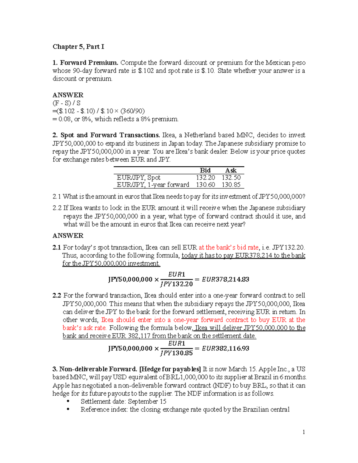 Problem sets-ch05 part i - 1 Chapter 5, Part I Forward Premium. Compute the forward discount or ...