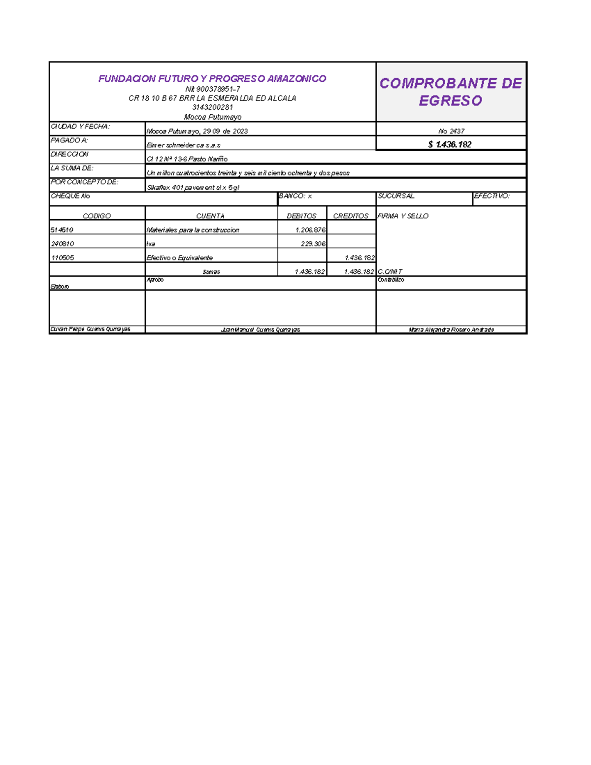 COMPROBANTE DE EGRESO Y RECIBO DE CAJA CONTABILIDAD - CIUDAD Y FECHA ...