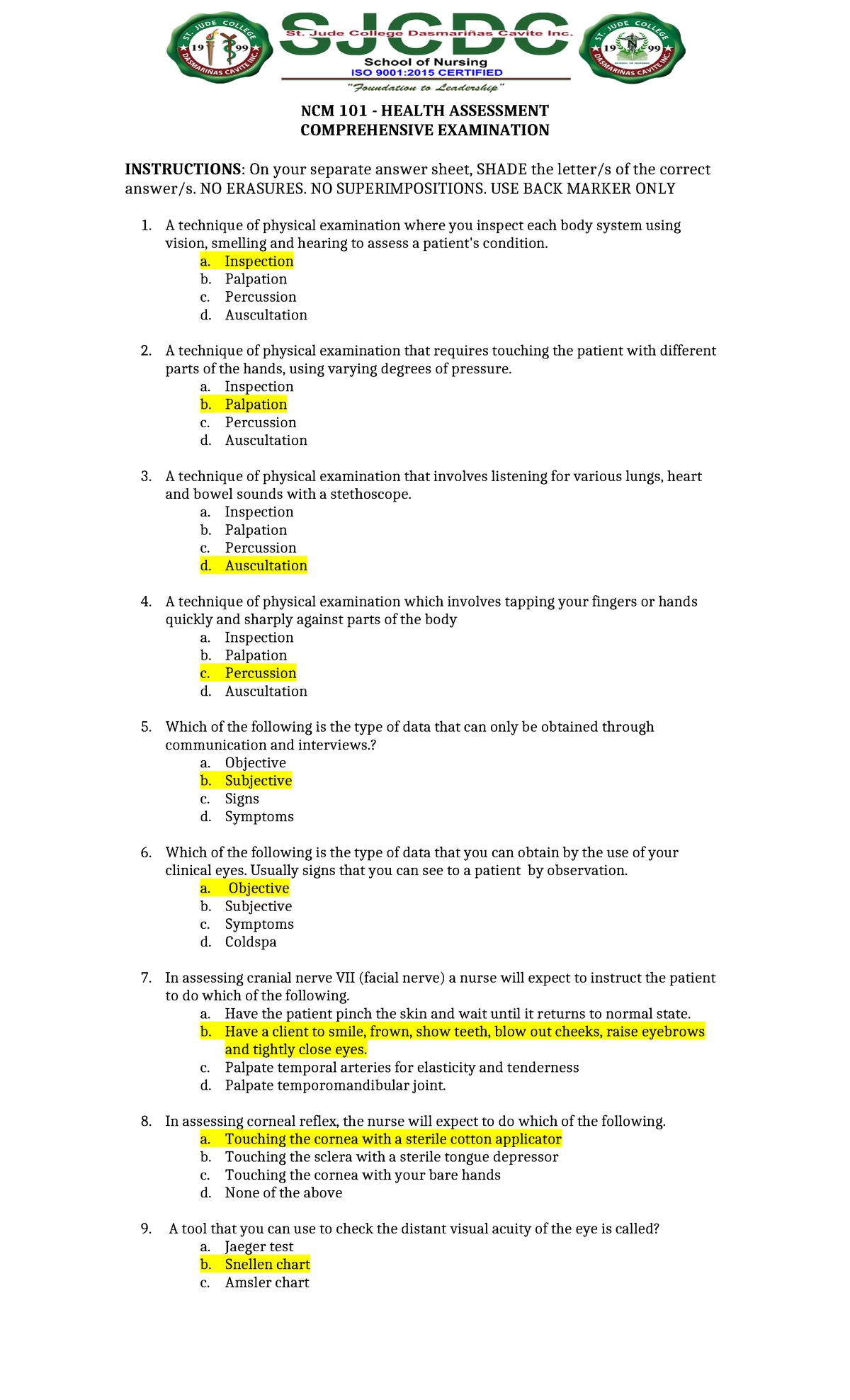 NCM 101 Comprehensive EXAM - NCM 101 - HEALTH ASSESSMENT COMPREHENSIVE ...