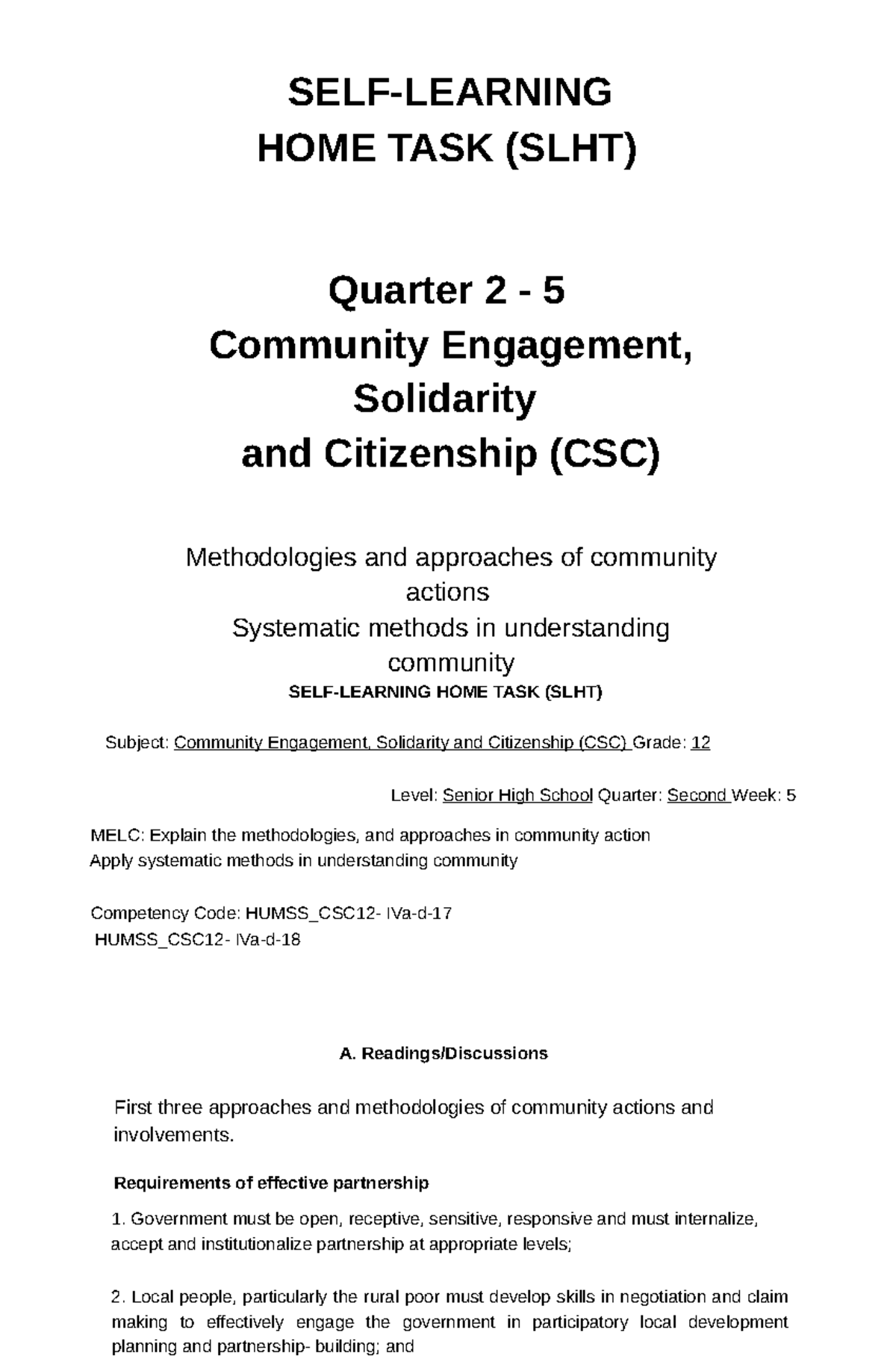 Quarter 2 5 Community Engagement Solidarity AND Citizenship - SELF ...