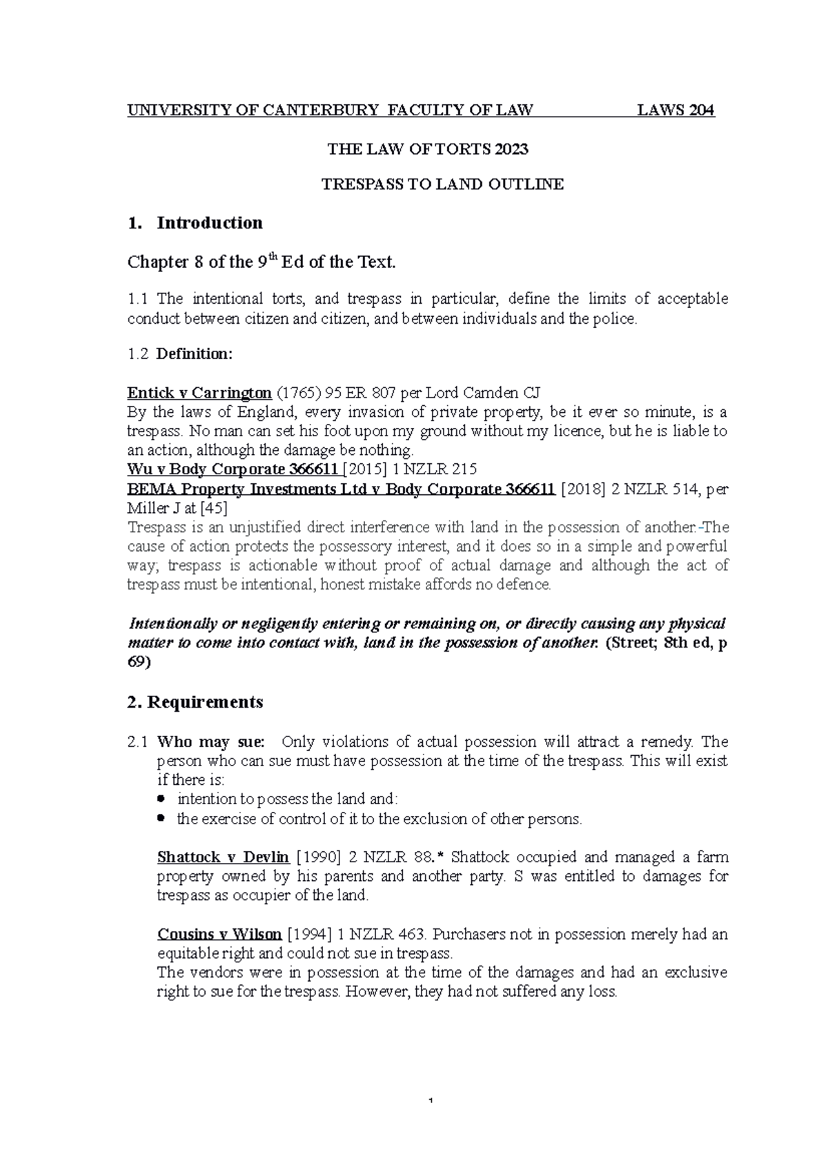 TPHO2023 - tress pass synopsis and practice - UNIVERSITY OF CANTERBURY FACULTY OF LAW LAWS 204 ...