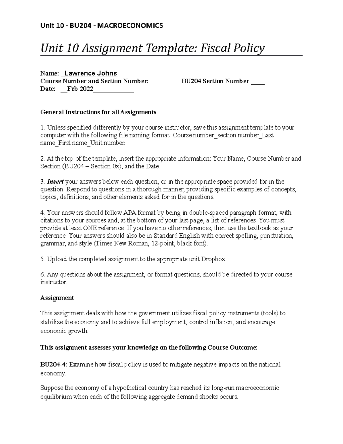 BU204 Unit10 Assignment Template - Unit 10 Assignment Template: Fiscal ...