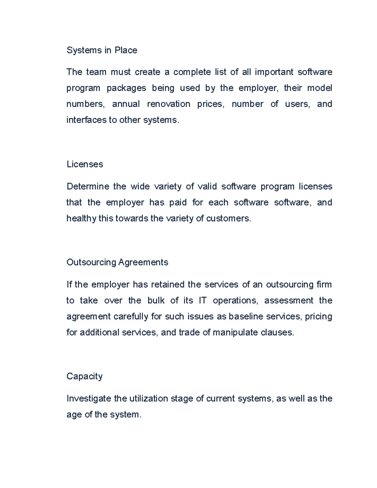 IT Due Diligence Checklist - Systems in Place The team must create a ...