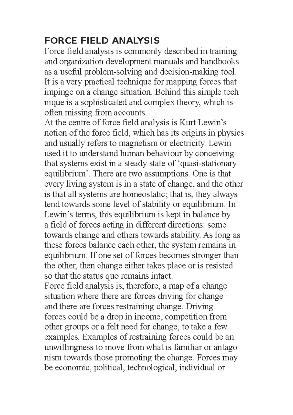 Force Field Analysis - FORCE FIELD ANALYSIS Force field analysis is ...