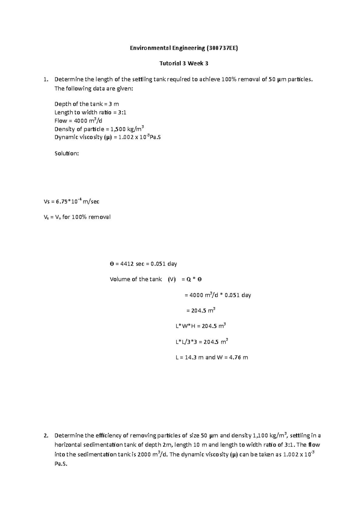 Tutorial Week 3-Solutions - Environmental Engineering (300737EE ...