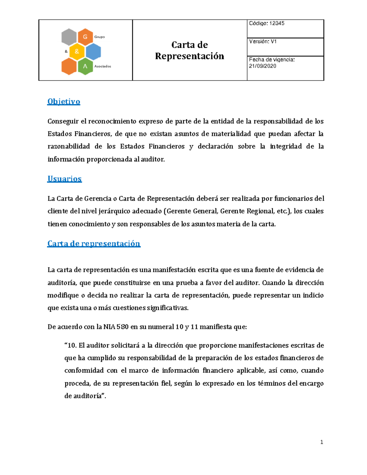 Carta de Representacion Auditoria - Carta de Representación Versión: V ...