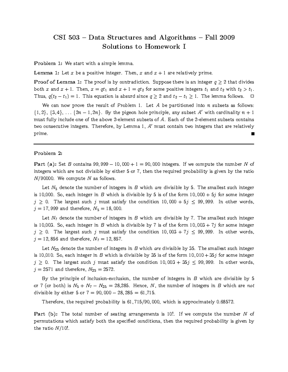 Homework 01 - 2009 - CSI 503 – Data Structures and Algorithms – Fall 2009 Solutions to Homework ...