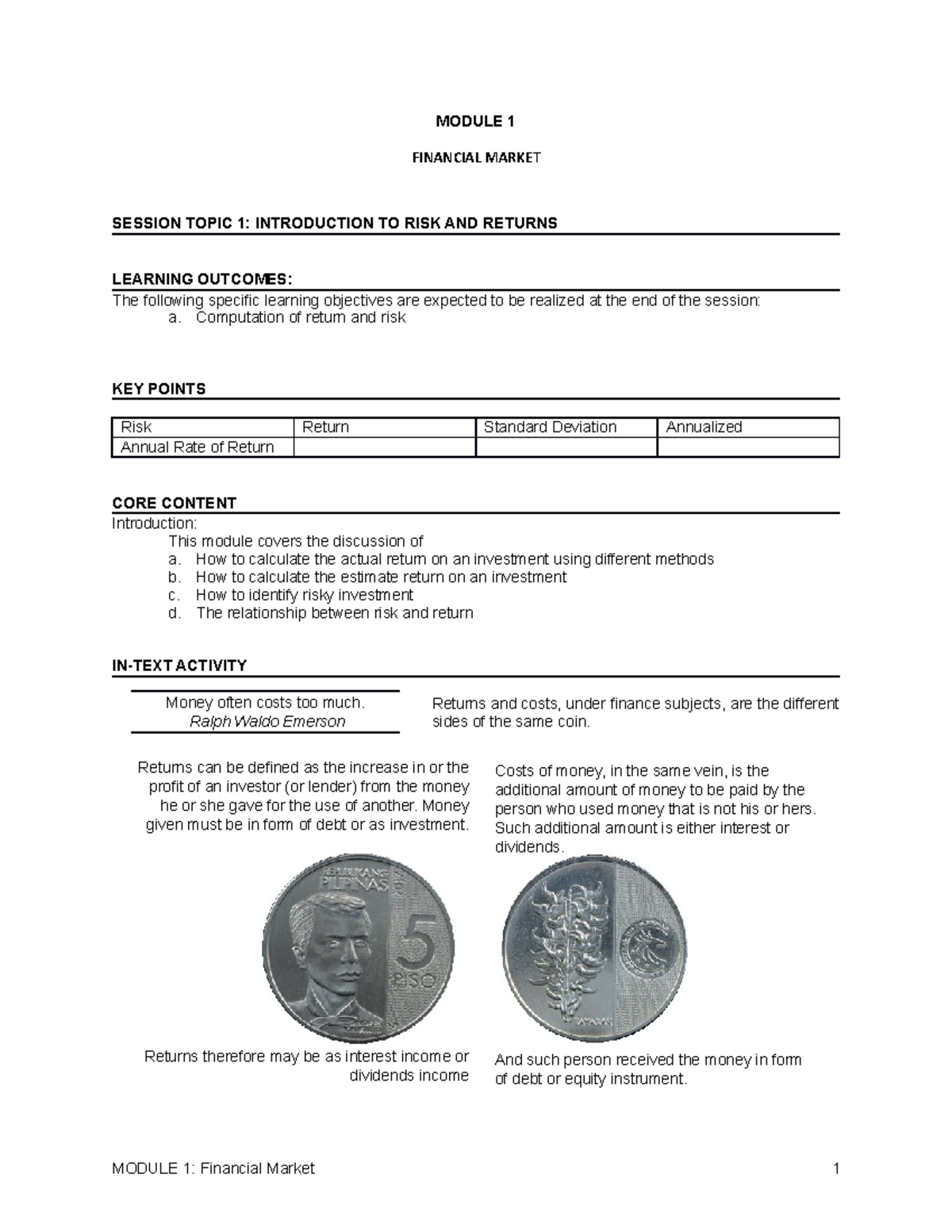 Module 1 Risk And Return - Financial Market - Studocu