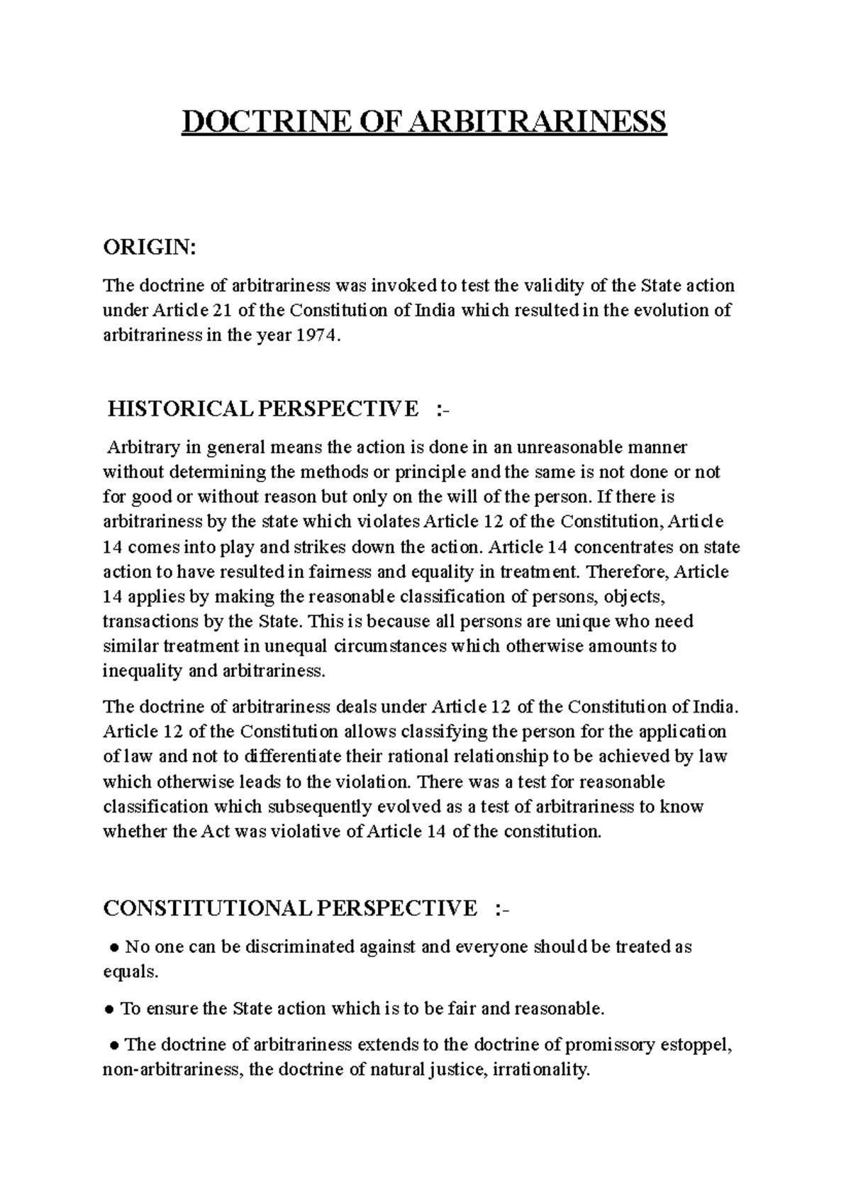 Doctrine OF Arbitrariness - DOCTRINE OF ARBITRARINESS ORIGIN: The ...