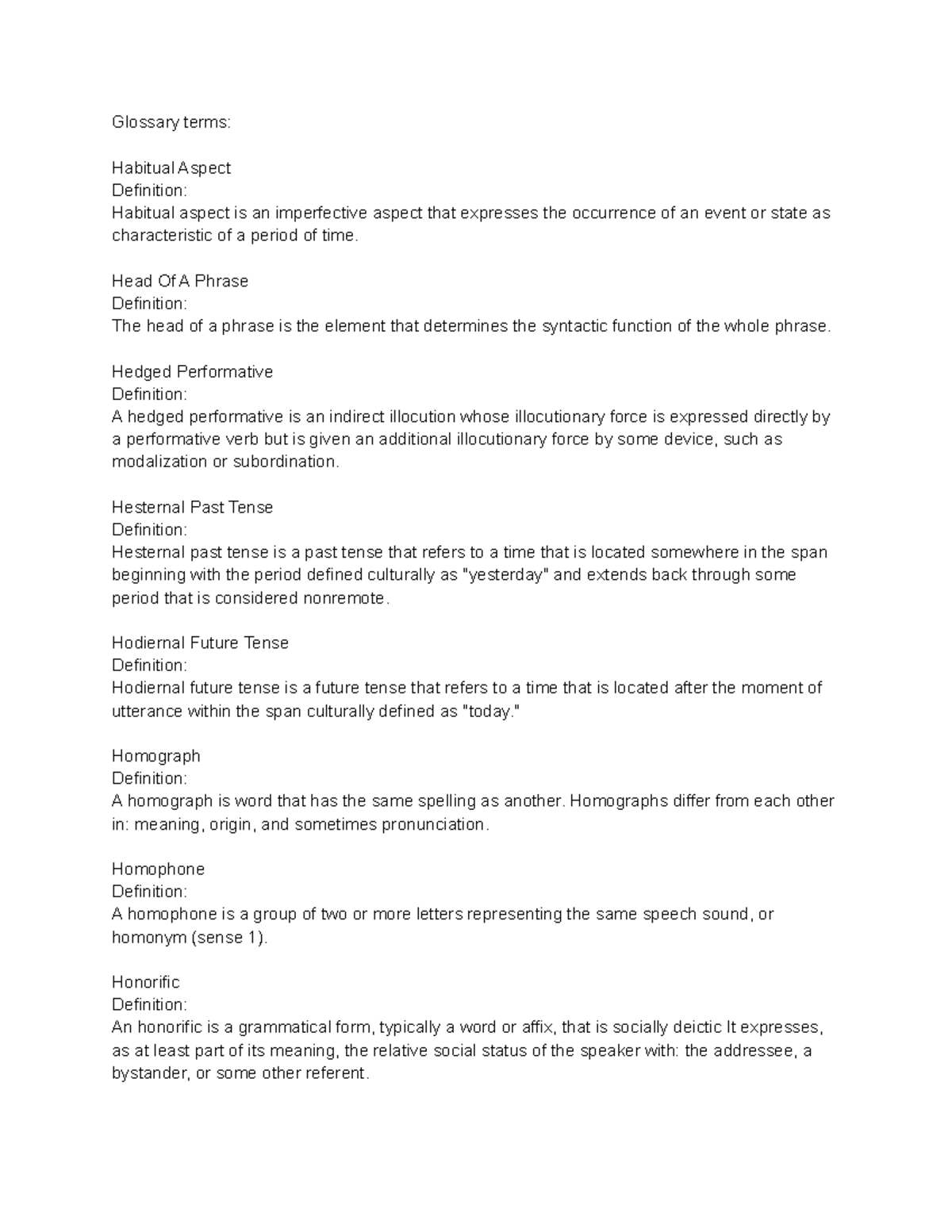 LLC Notes - Prof Miller - Glossary terms: Habitual Aspect Definition ...