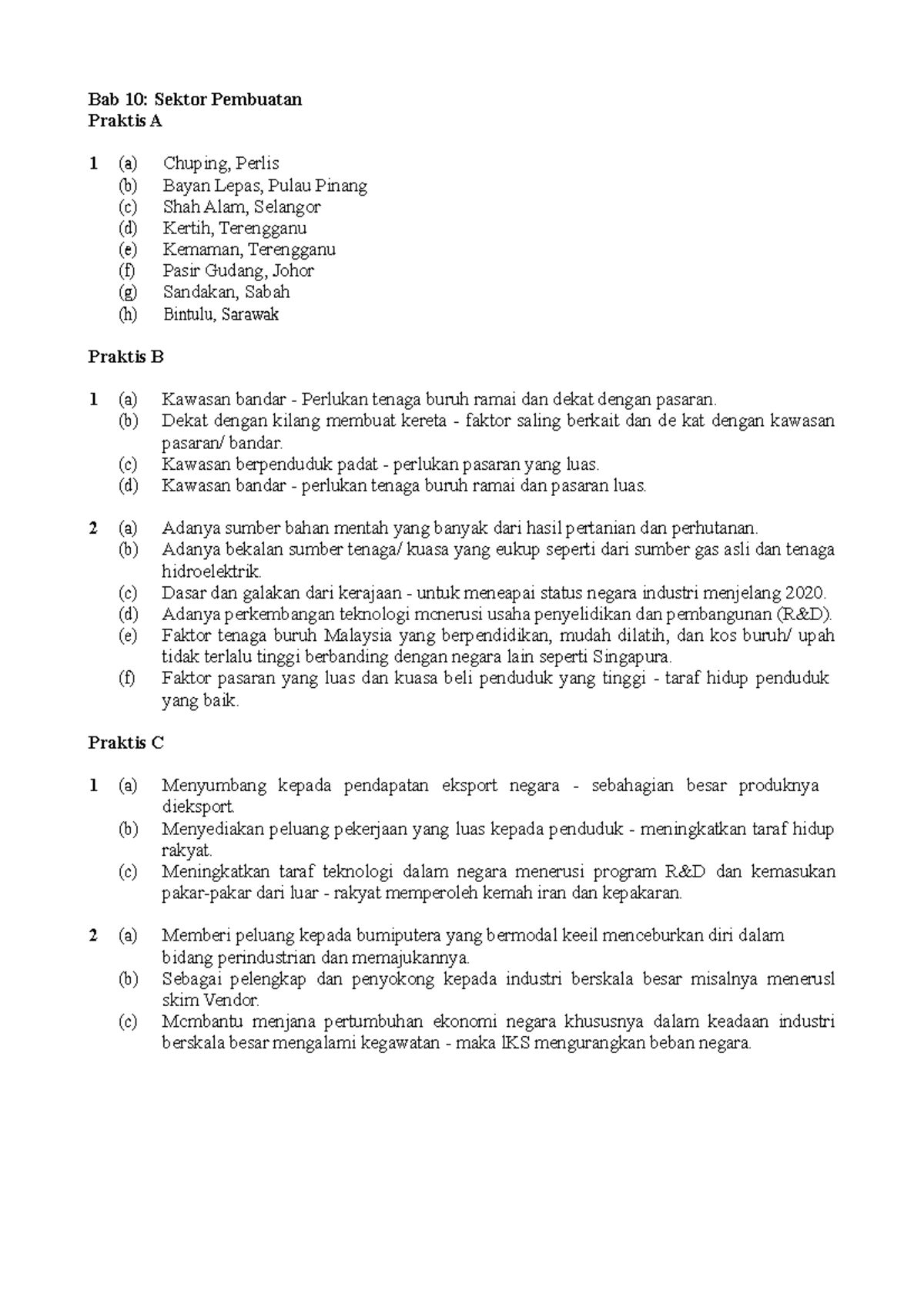 Jawapan GF T5 Bab 10 - Nil - Bab 10: Sektor Pembuatan Praktis A 1 (a) Chuping, Perlis (b) Bayan ...