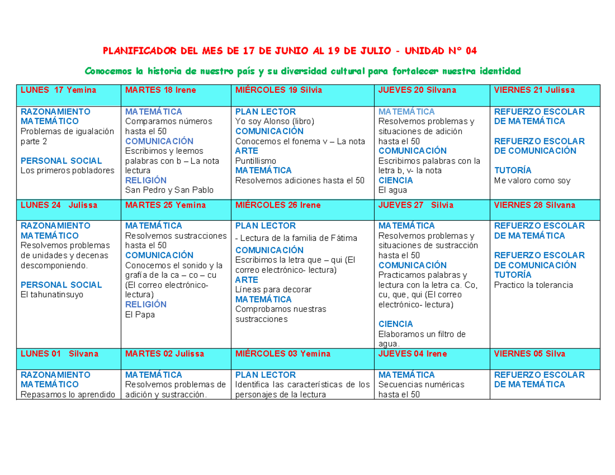 Planificador DEL MES DE Junio - Julio - PLANIFICADOR DEL MES DE 17 DE ...