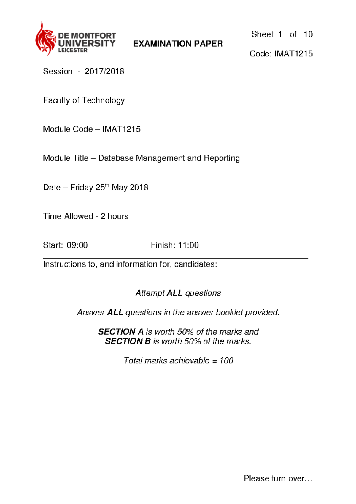 IMAT1215 Final Main Exam 2018 - Sheet 1 of 10 EXAMINATION PAPER Code ...