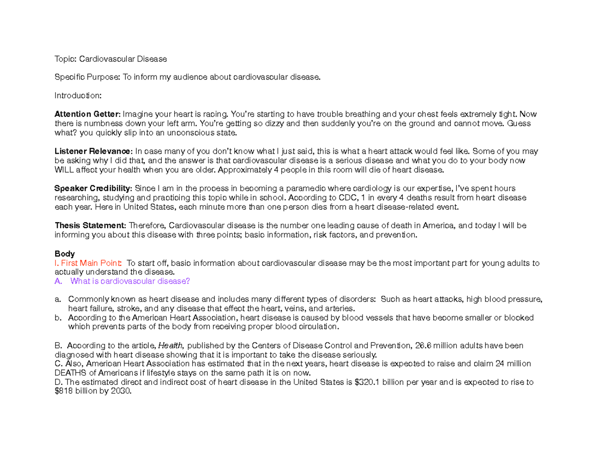 Speech informative speech draft - Topic: Cardiovascular Disease ...