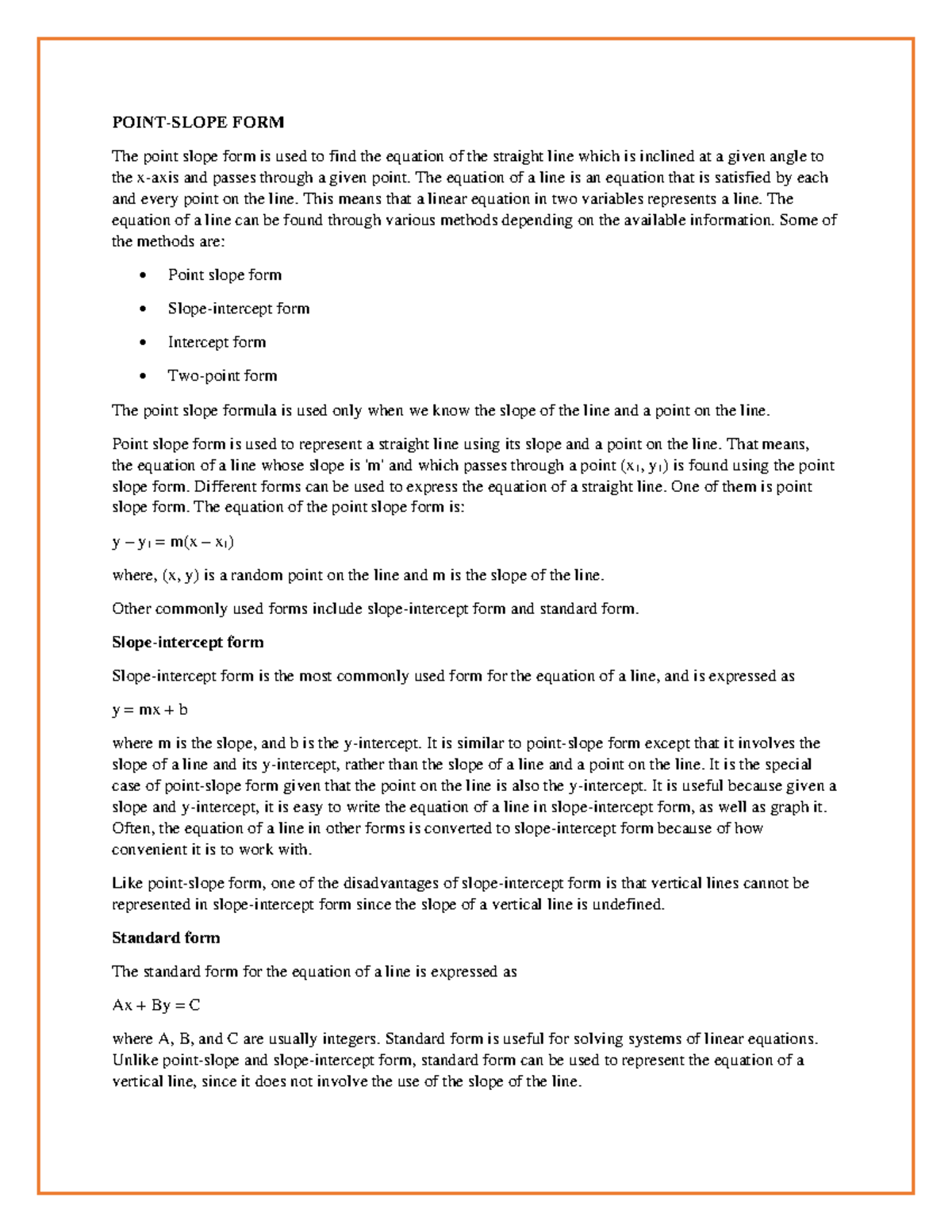 X3 - POINT-SLOPE FORM - POINT-SLOPE FORM The point slope form is used ...