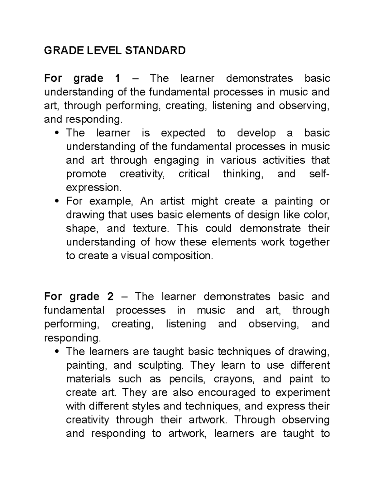 MC ART- Report - ARTS - GRADE LEVEL STANDARD For grade 1 – The learner ...